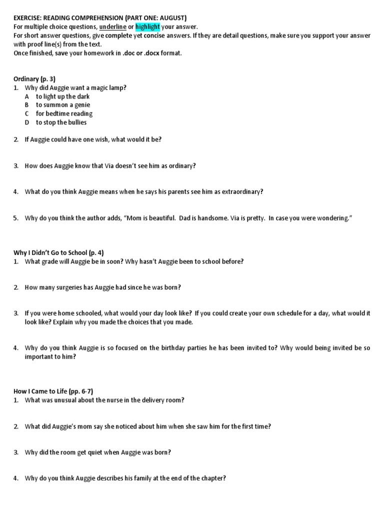 Wonder - Reading Comprehension Exercise (Part 1) | PDF