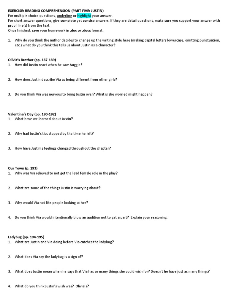 Wonder - Reading Comprehension Exercise (Part 5) | PDF