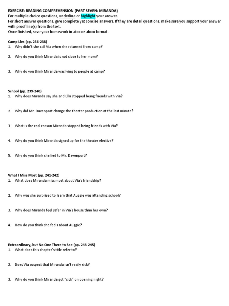 Wonder - Reading Comprehension Exercise (Part 7) | PDF