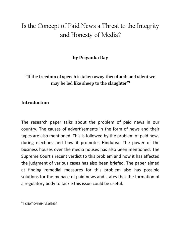 Is The Concept of Paid News A Threat To The Integrity and Honesty of ...