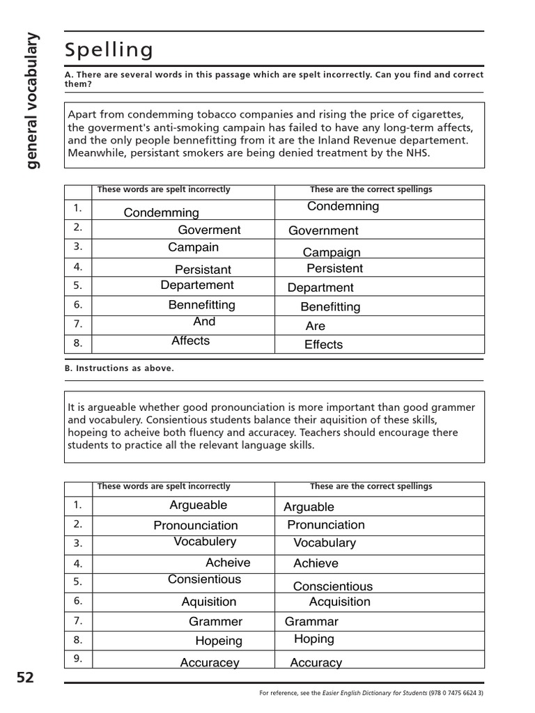Correcting Spelling Errors and Identifying Incorrect Spellings | PDF | Vocabulary | Tobacco
