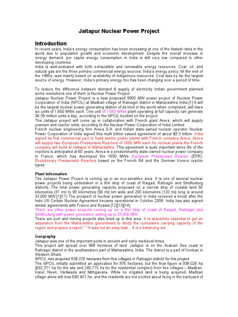 Jaitapur Nuclear Power Project Overview | PDF | Nuclear Power | Energy ...