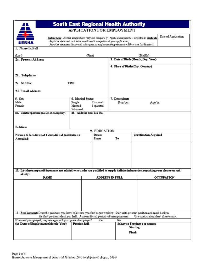 South East Regional Health Authority Job Application | PDF | Employment ...