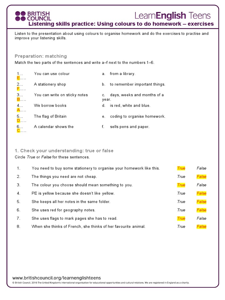 Listening Skills Practice: Using Colours To Do Homework - Exercises ...