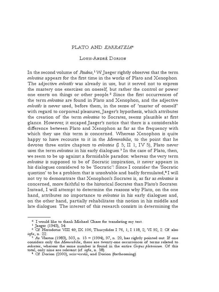 Dorion Plato On Enkrateia PDF | PDF | Plato | Socrates