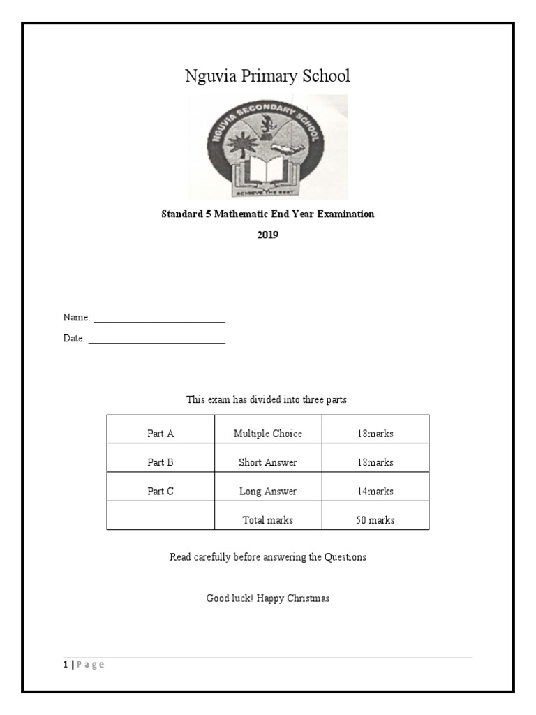 Nguvia Primary School: Standard 5 Mathematic End Year Examination 2019 ...