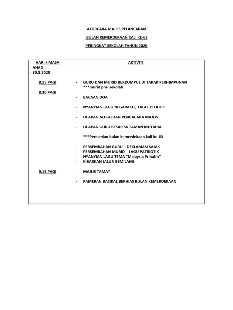 Tentatif Majlis Pelancaran Bulan Kemerdekaan | PDF