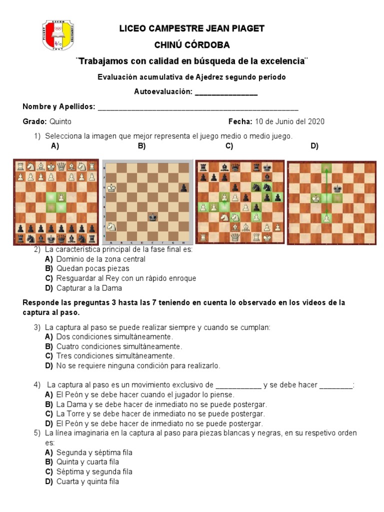 Evaluación de Ajedrez 5to | PDF | Ajedrez | Juegos tradicionales