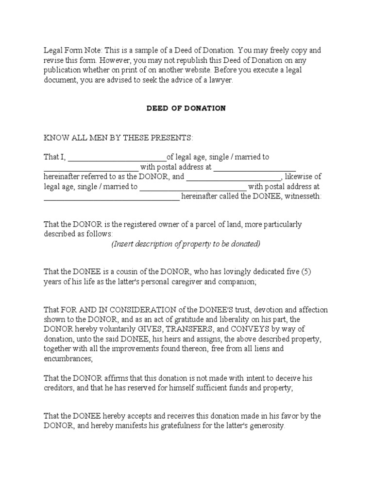 Deed of Donation Form | PDF | Deed | Notary Public