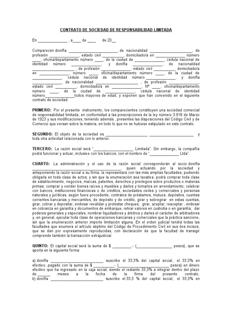 Contrato de Sociedad de Responsabilidad Limitada | PDF | Bancos | Cheque