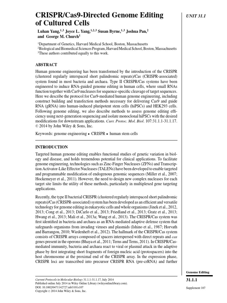 CRISPRCas9 Directed Genome Editing of Cultured Cells | PDF | Crispr ...