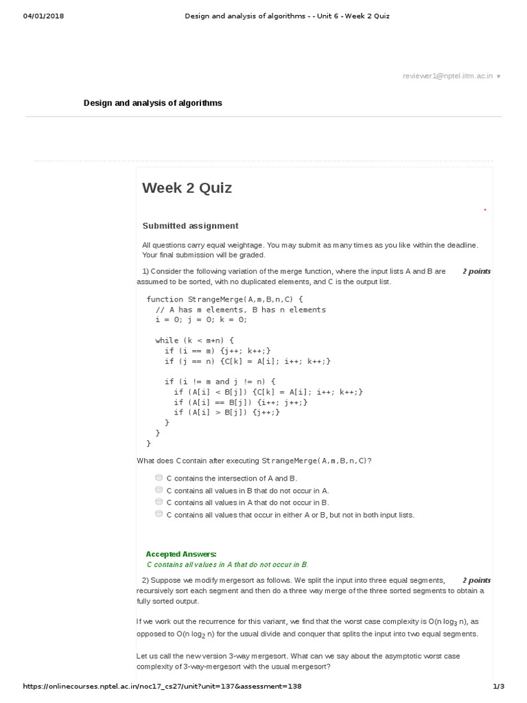Week 2 Quiz: Design and Analysis of Algorithms | PDF | Mathematical ...