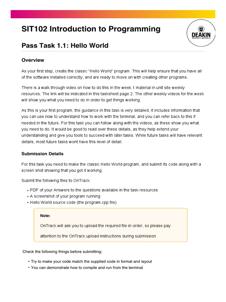 SIT102 Introduction To Programming: Pass Task 1.1: Hello World | PDF | Directory (Computing ...