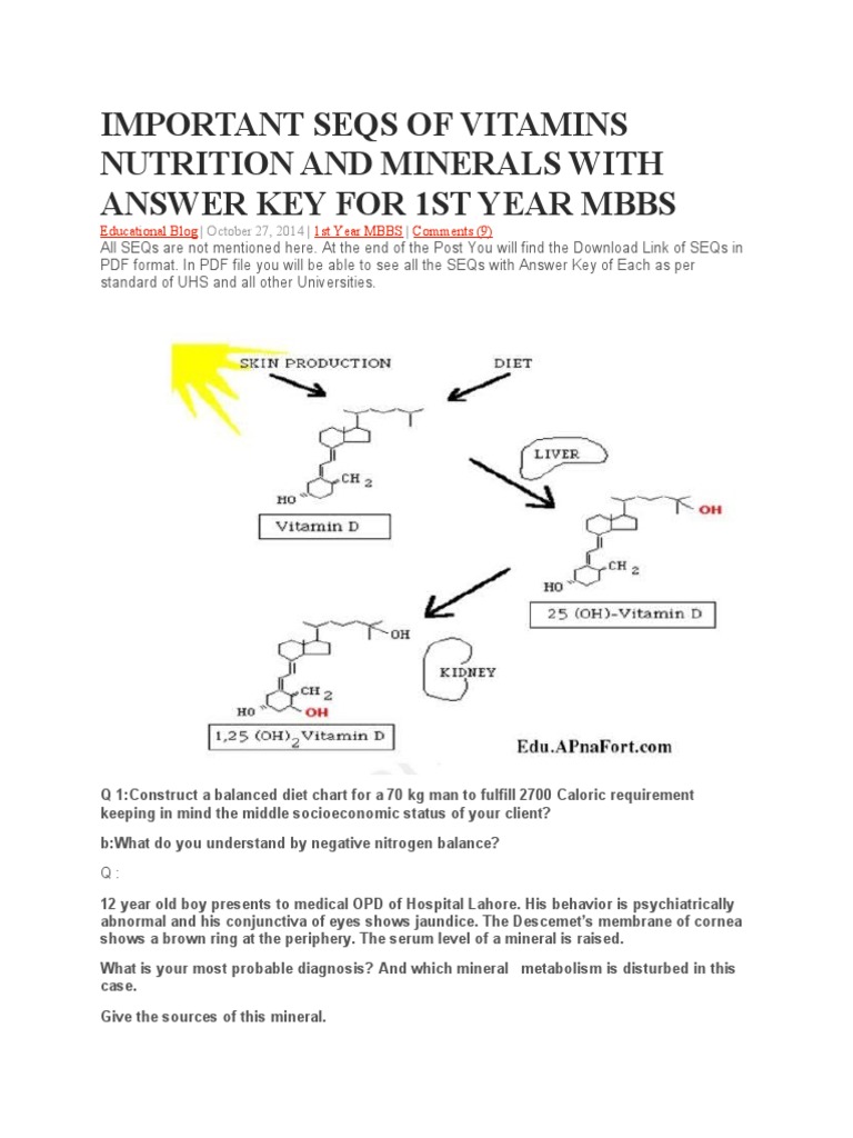 Key Vitamin SEQs and Answers for MBBS | PDF | Vitamin B12 | Vitamin D