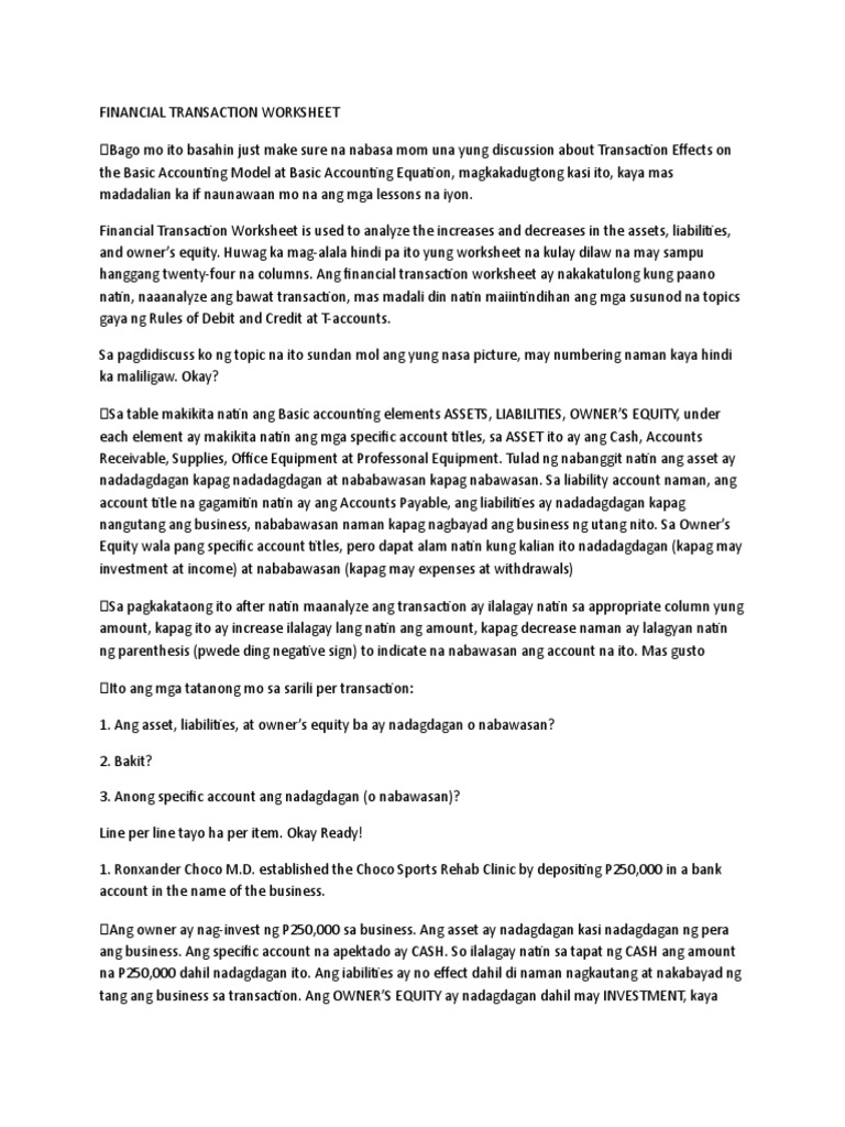 FINANCIAL TRANSACTION WORKSHEET For Senior High | PDF