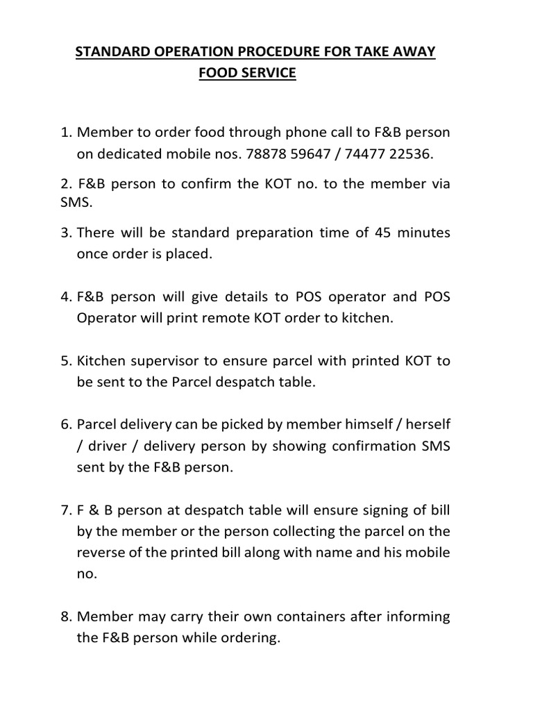 Take Away Food Service SOP | PDF | Kebab | Prepared Foods