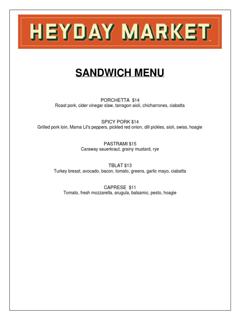 Heyday Market Sandwich Menu Summer 2020 | PDF