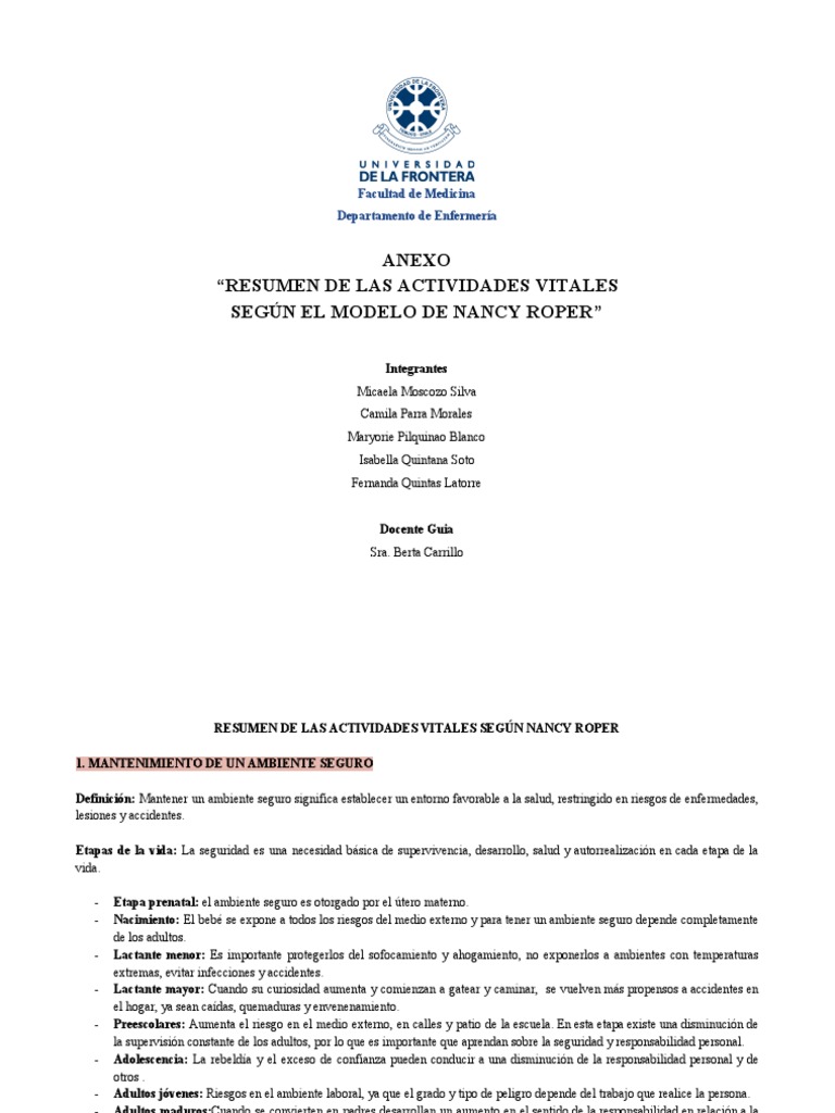 Anexo Resumen de Las Actividades Vitales Según El Modelo de Nancy Roper ...