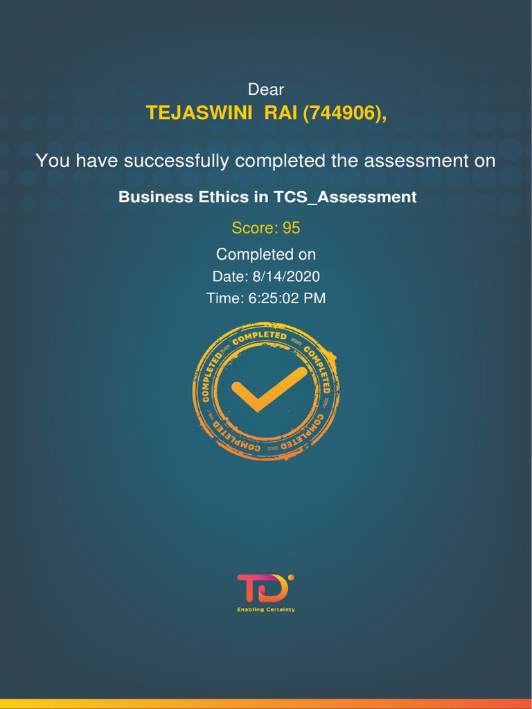Business Ethics in TCS - Assessment - Completion - Certificate PDF | PDF