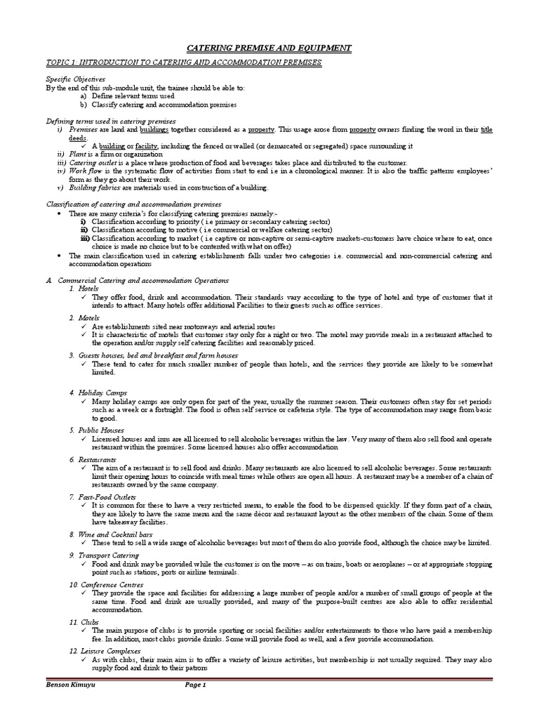 Catering Premises and Equipment Overview | PDF | License | Motel