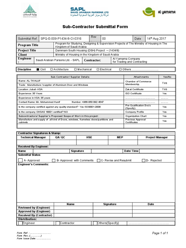Sub-Contractor Submittal Form: Submittal Ref. SPQ-E-009-P1434-8-CI-0316 ...