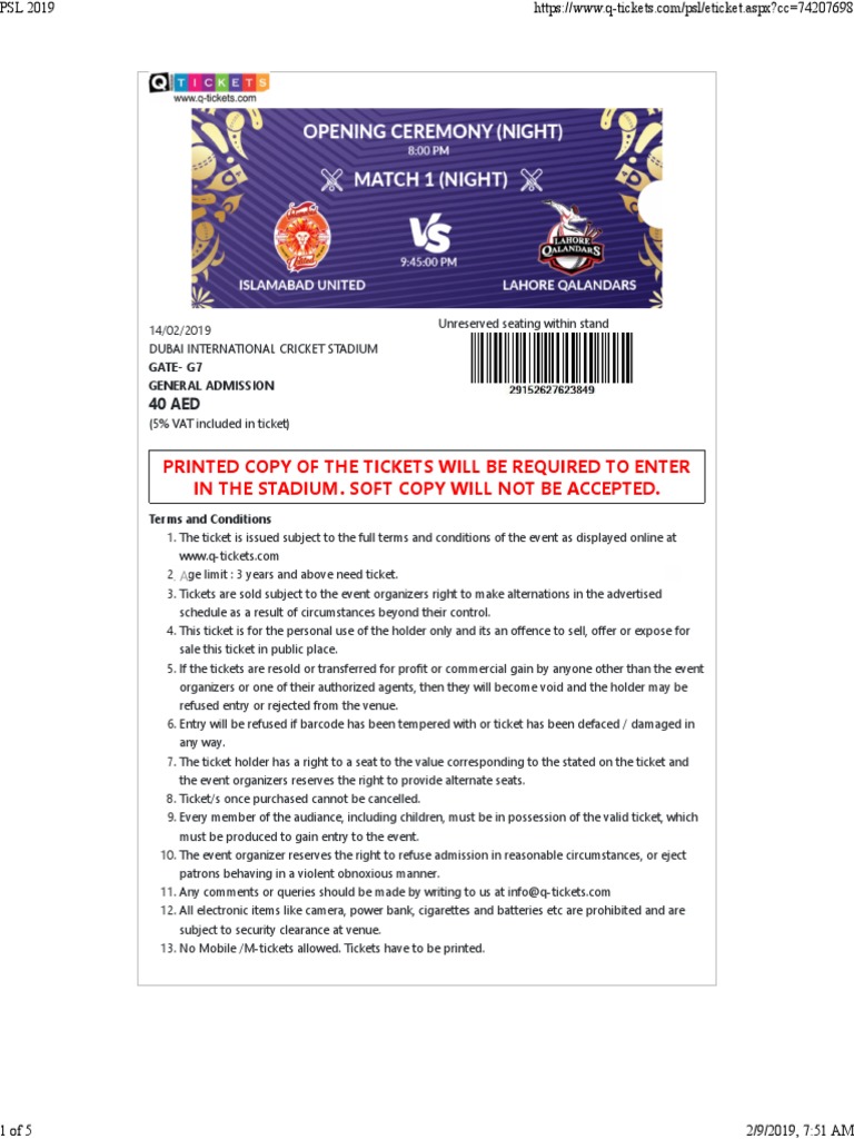 Printed Copy of The Tickets Will Be Required To Enter in The Stadium ...