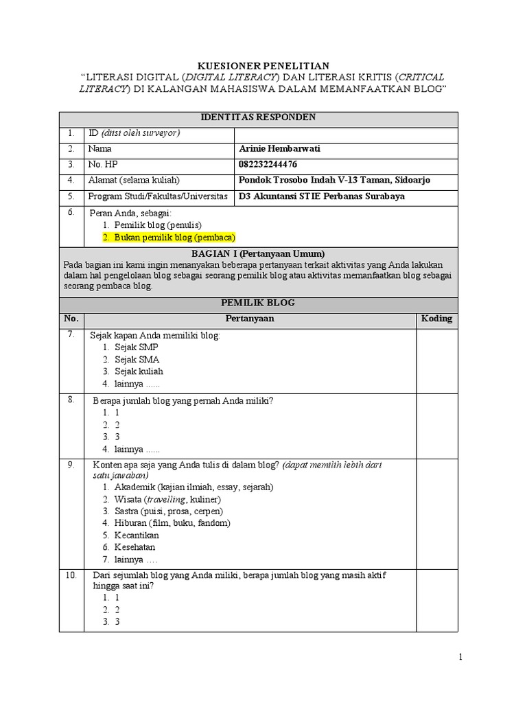 Kuesioner Digital Literacy Dan Critical Literacy-FINAL | PDF