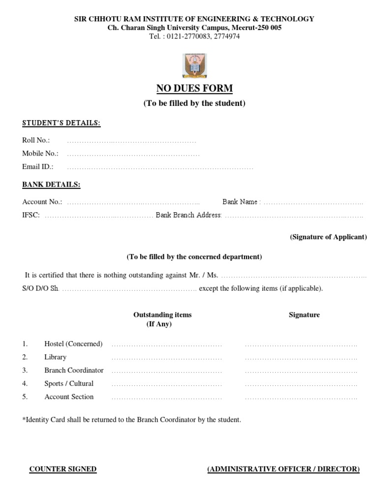 No Dues Clearance Form for Graduating Student Seeking Final Documents ...