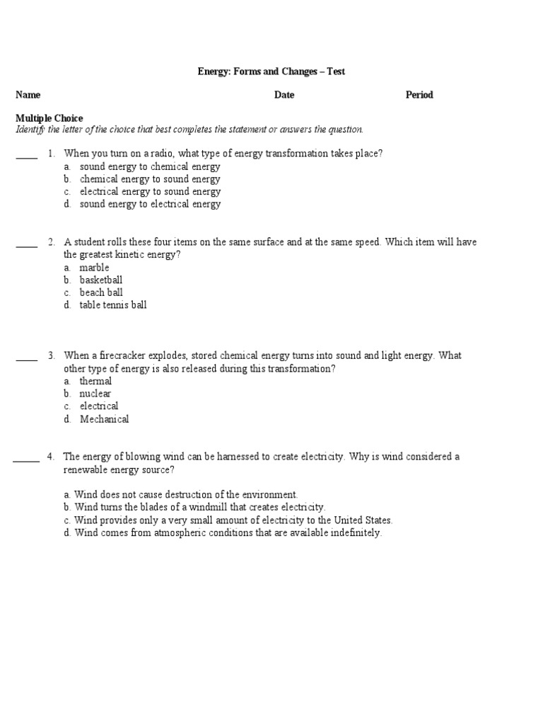 Energy Forms and Transformations Test | PDF | Potential Energy ...