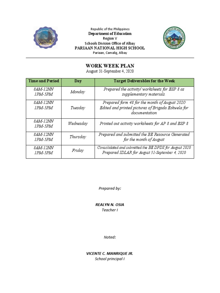 Work Week Plan: Time and Period Day Target Deliverables For The Week | PDF