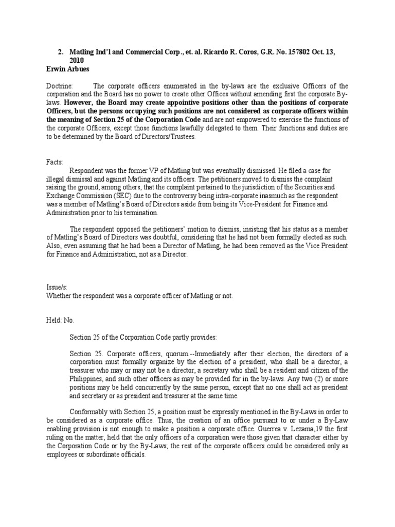 Matling Case Digest | PDF | Board Of Directors | Presidents Of The ...