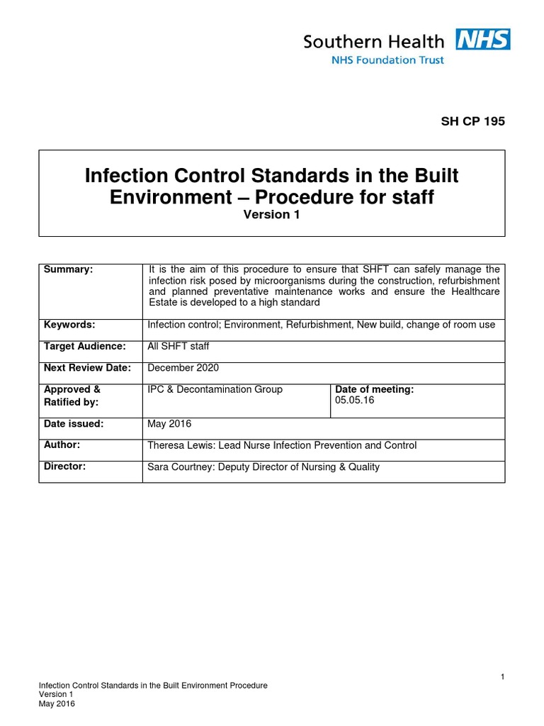 Infection Control Standards in The Built Environment Procedure For ...