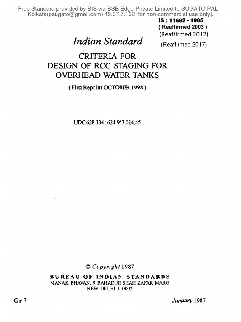 IS: 11682 - 1985 Criteria For Design of RCC Staging For Overhead Water ...
