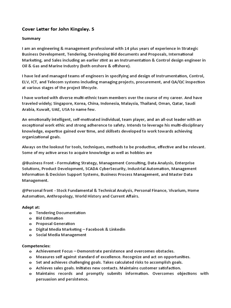 Cover Letter John Kingsley | PDF | Goal | Sales