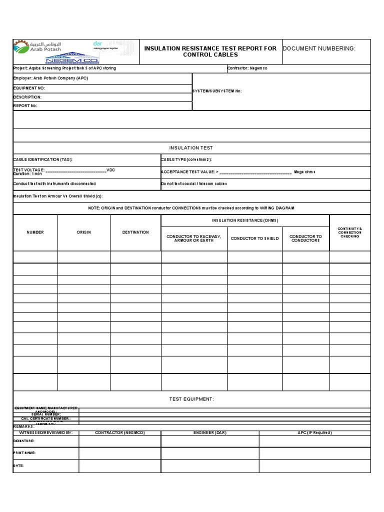 Insulation Resistance Test Report For Control Cables: Document ...