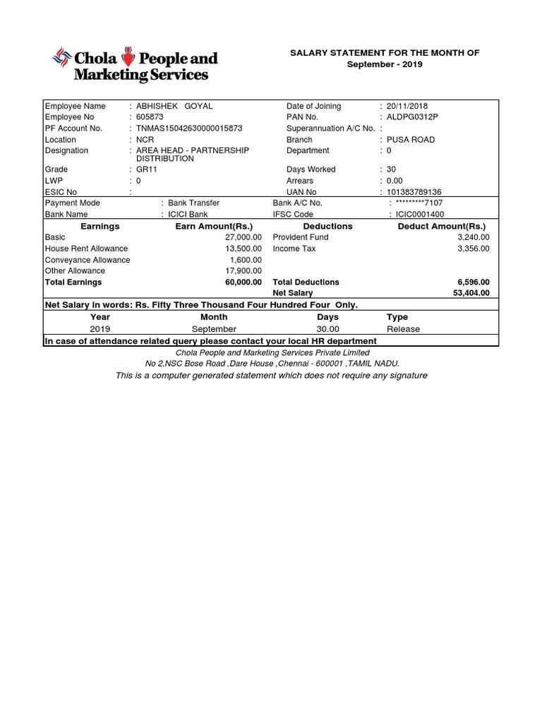 Chola 28828 2019 6 Payslip PDF | PDF