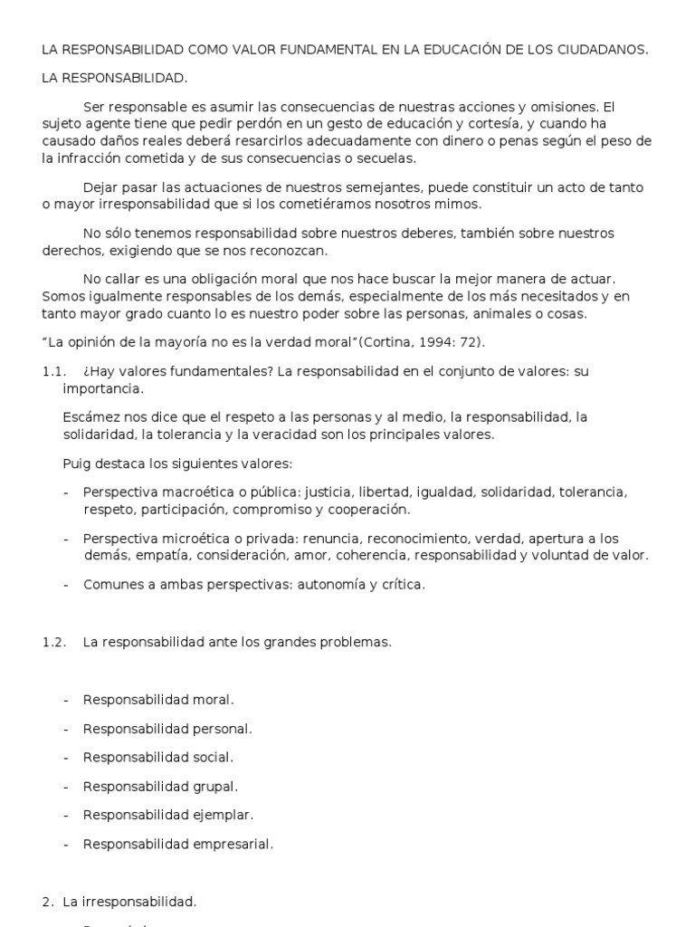 La Responsabilidad Como Valor Fundamental en La Educación de Los ...