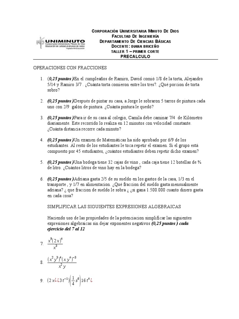 Taller 1-1 Precalculo | PDF | Matemática Elemental | Enseñanza de matemática