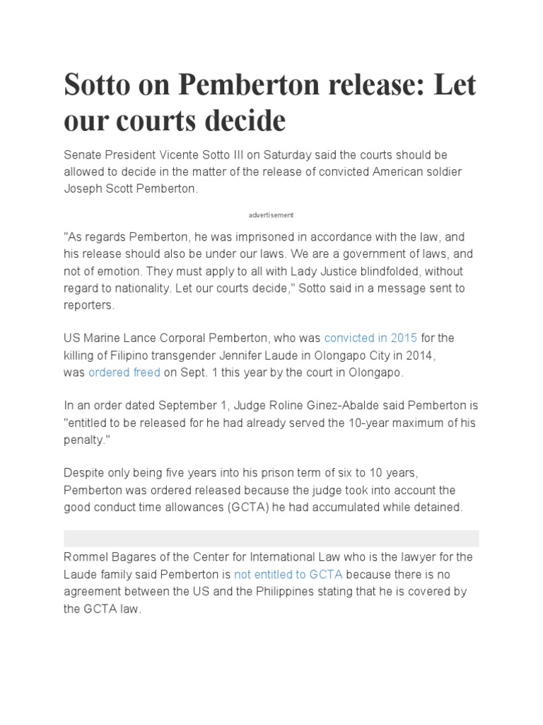 Sotto Advocates Court Decision on Pemberton Release | PDF | Public ...