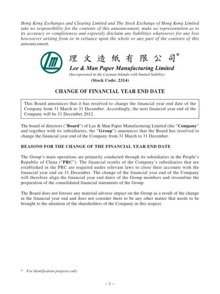 Change of Financial Year | PDF | Subsidiary | Fiscal Year