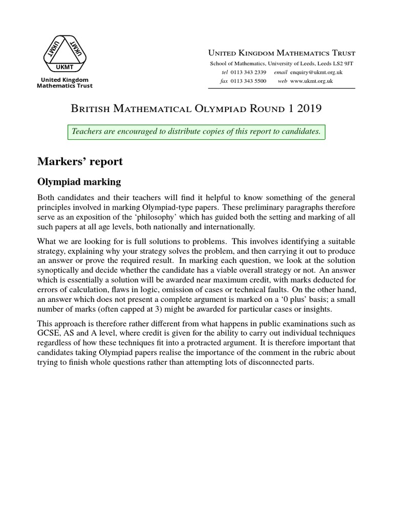 British Mathematical Olympiad Round 1 2019: Markers' Report | PDF ...