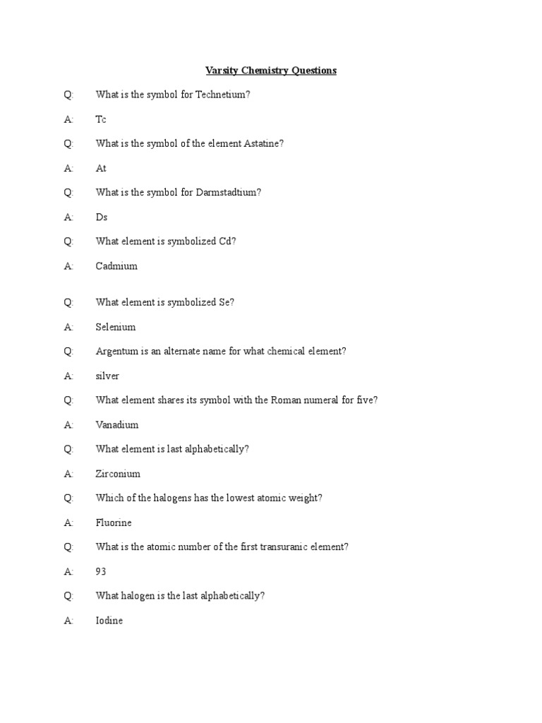 Varsity Science Questions- Chemistry | Chemical Reactions | Chemical ...