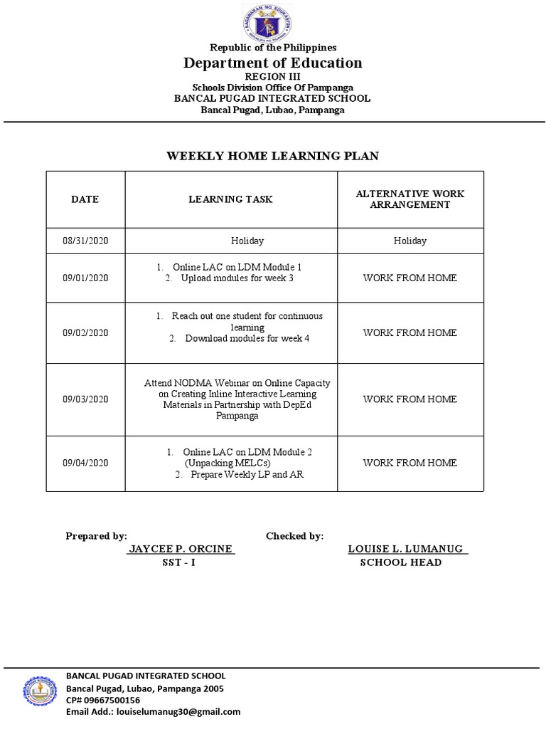 Bancal Pugad Integrated School's Weekly Home Learning and Teacher Work ...