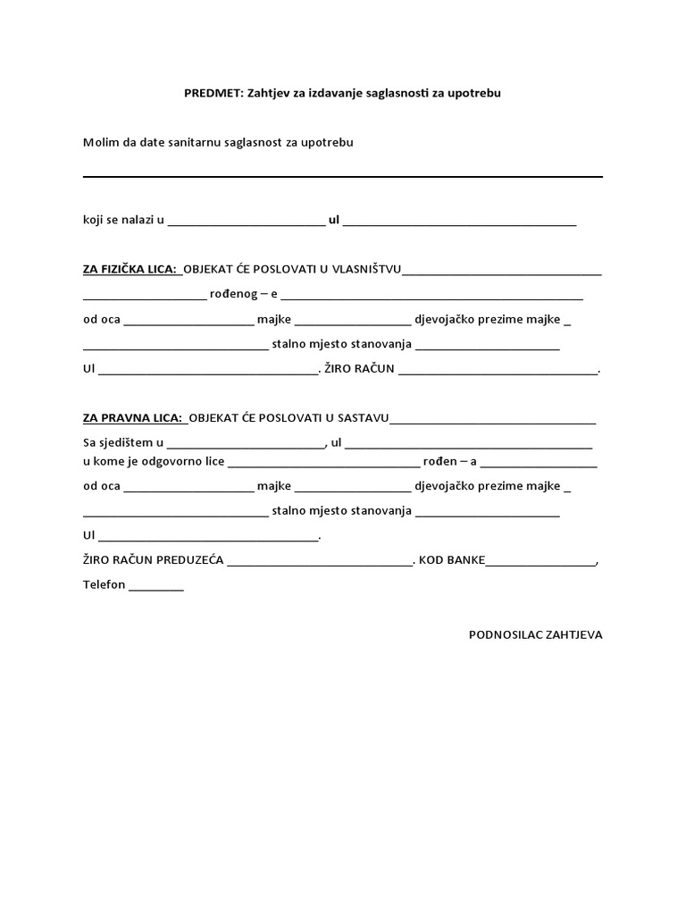 Zahtjev Za Izdavanje Sanitarne Saglasnosti Za Upotrebu | PDF
