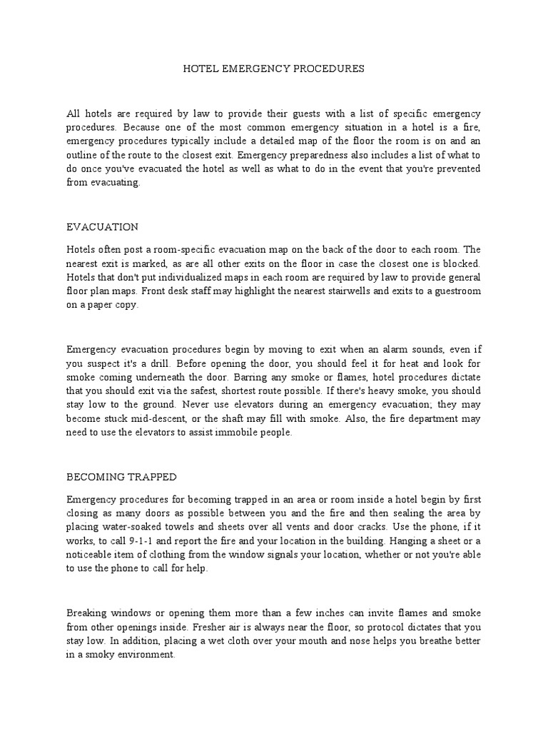 Hotel Emergency Procedures | PDF | Emergency Evacuation | Elevator