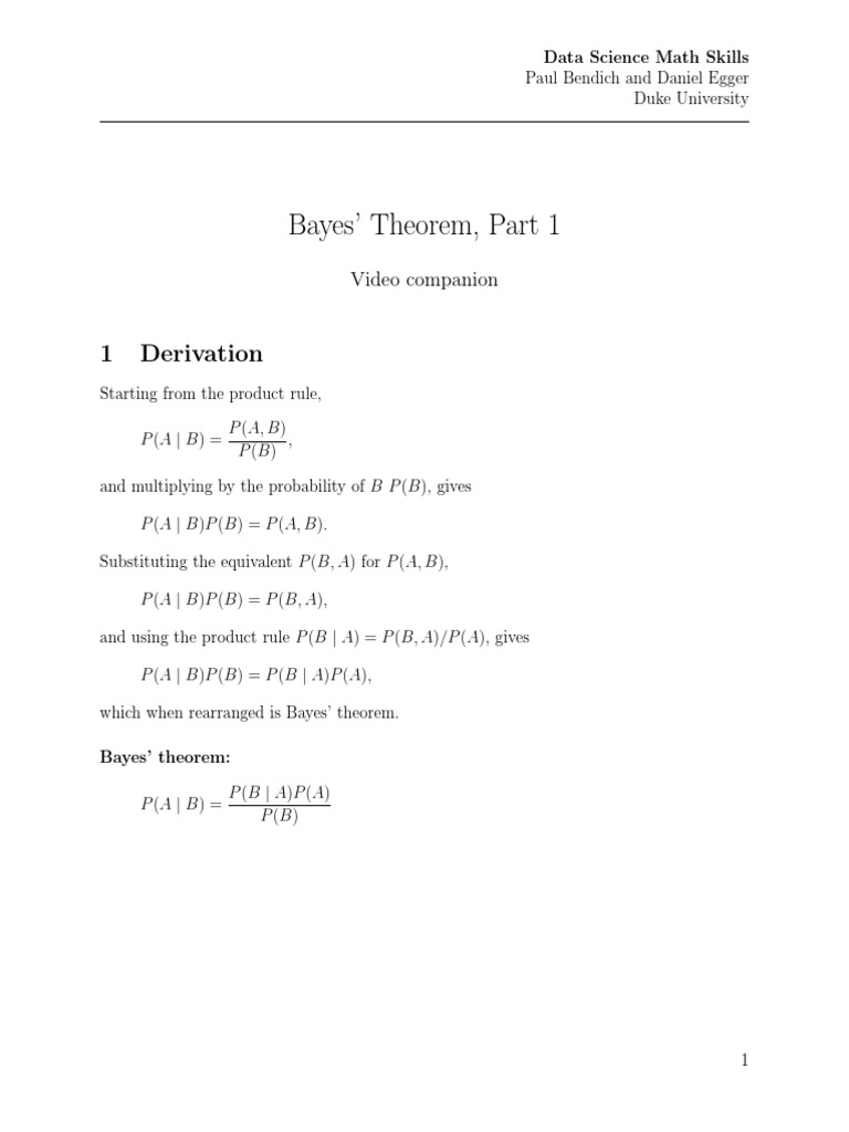 Bayes' Theorem, Part 1: 1 Derivation | PDF | Probability | Probability ...