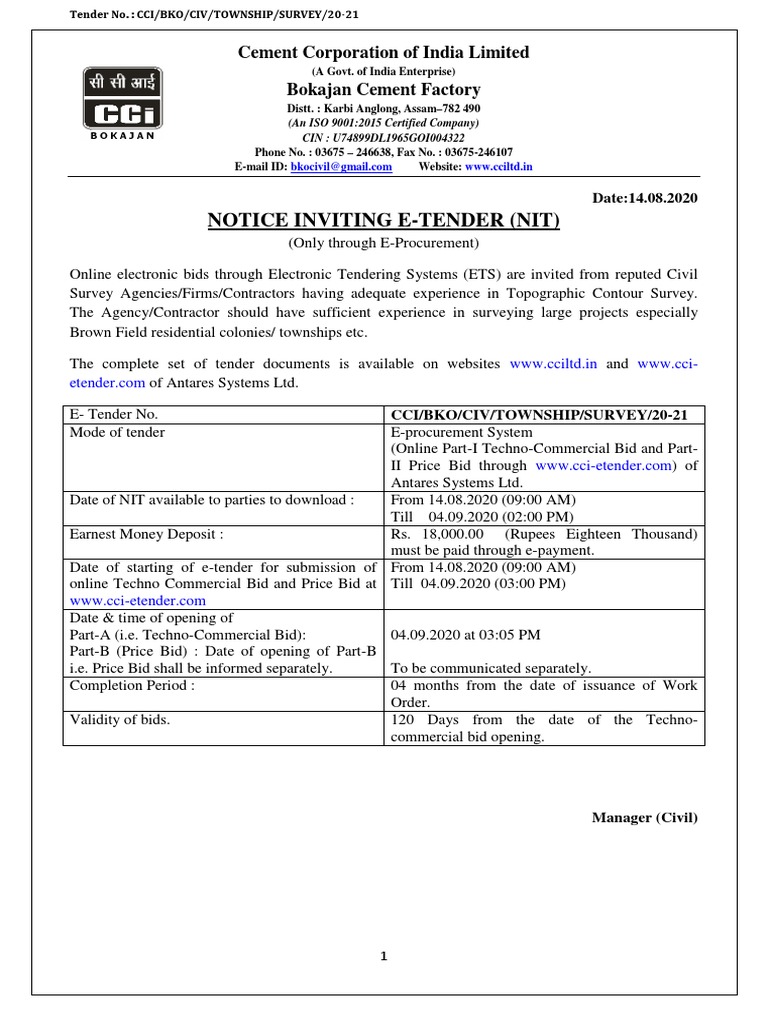 Notice Inviting E-Tender (Nit) : Cement Corporation of India Limited ...