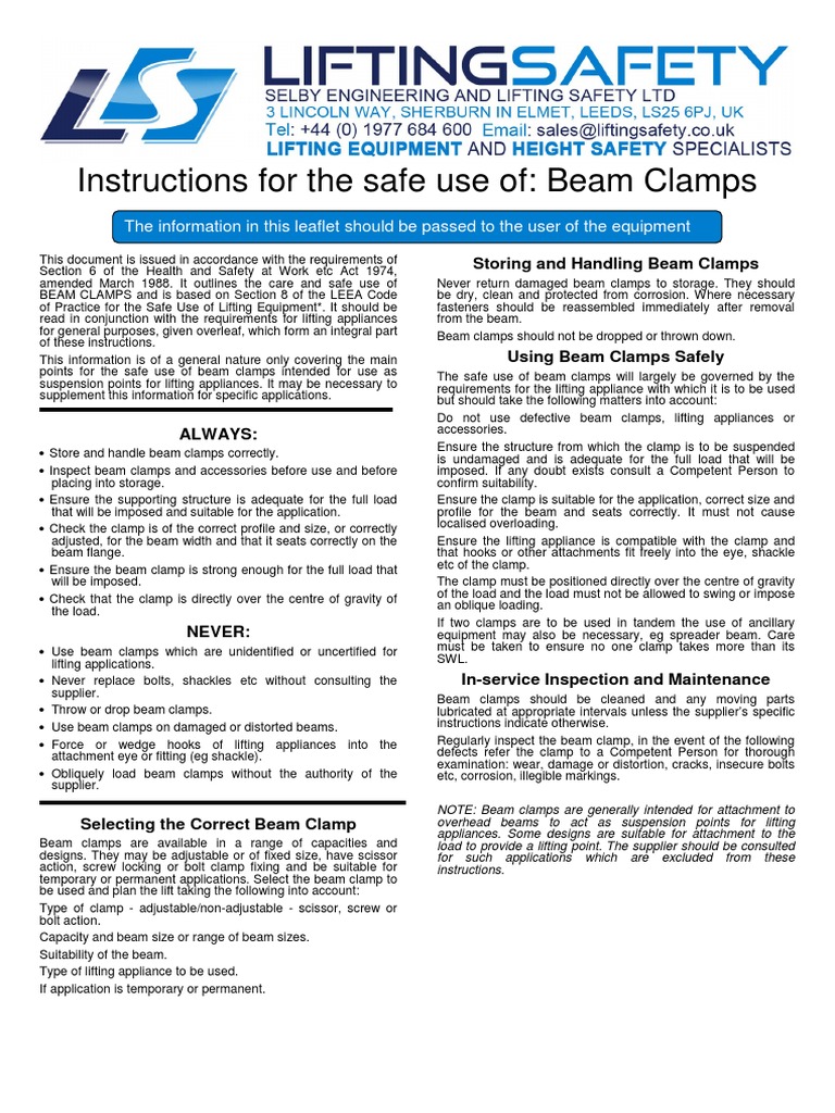 Instructions For The Safe Use Of: Beam Clamps | PDF | Rope | Elevator