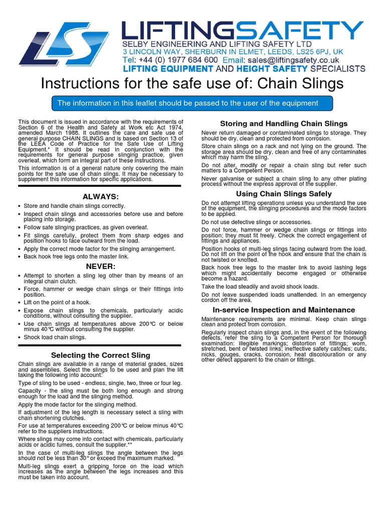 Instructions For The Safe Use Of: Chain Slings | PDF | Rope | Corrosion