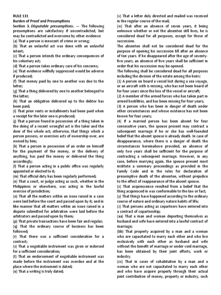 RULE 131 Burden of Proof and Presumptions Section 3. Disputable ...